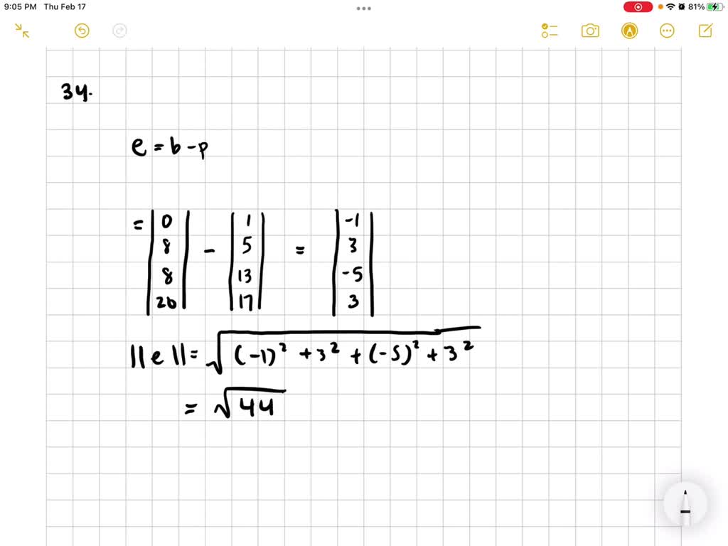 ⏩SOLVED:Check that e=b-p=(-1,3,-5,3) is perpendicular to both… | Numerade