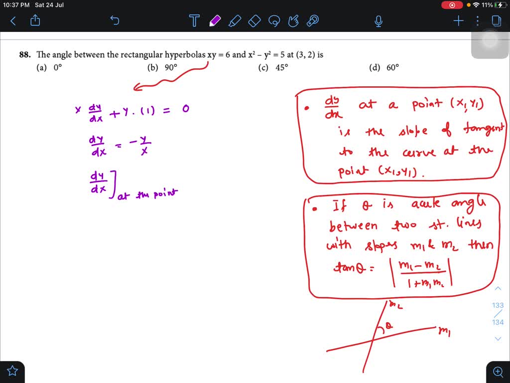 SOLVED:The angle between the rectangular hyperbolas x y=6 and x^2-y^2=5 ...