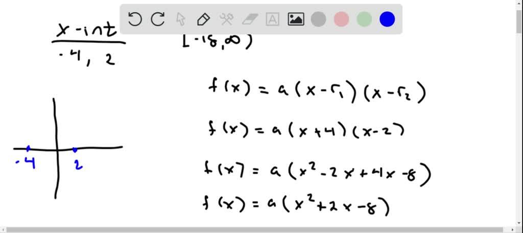 SOLVED:Find a quadratic function whose x -intercepts are -4 and 2 and ...