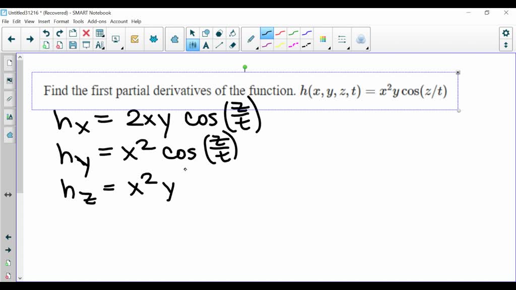 Find the first partial derivatives of the function. h(x, y, z, t) = x ...