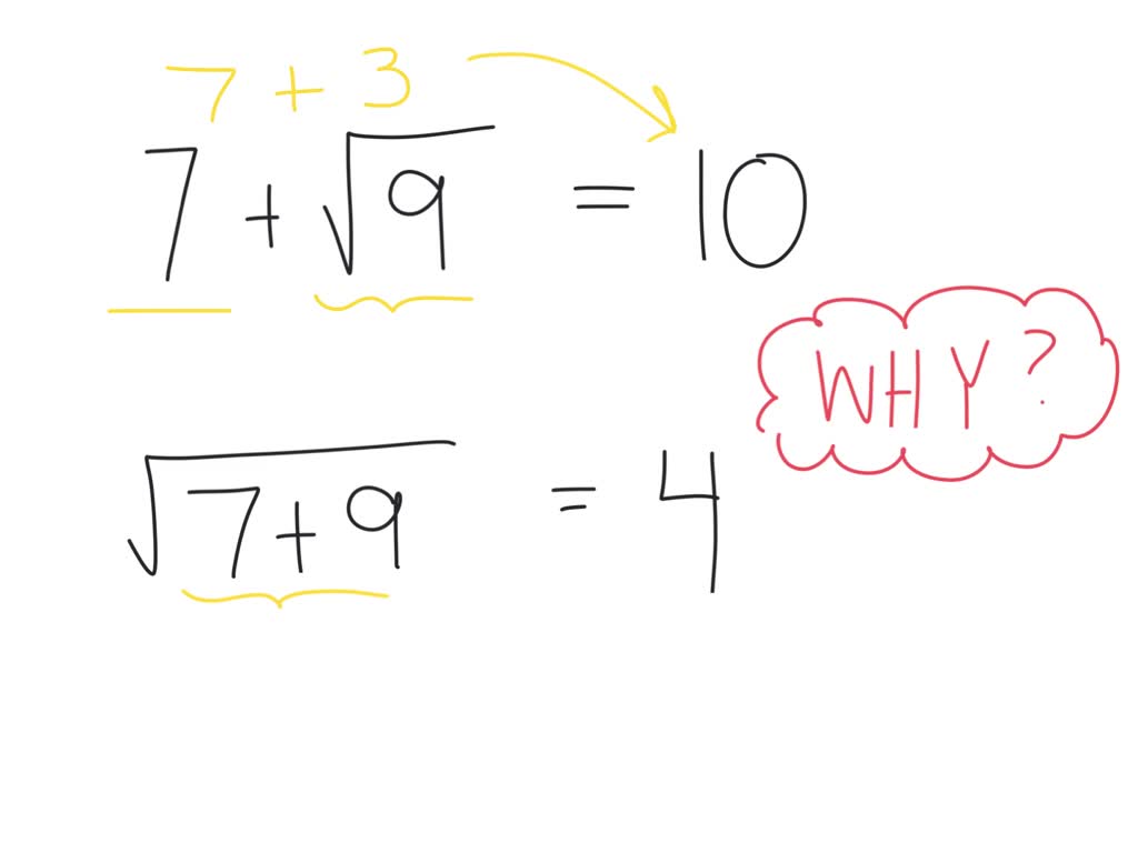 ⏩SOLVED:Explain why 7+√(9) is not equal to √(7+9). | Numerade