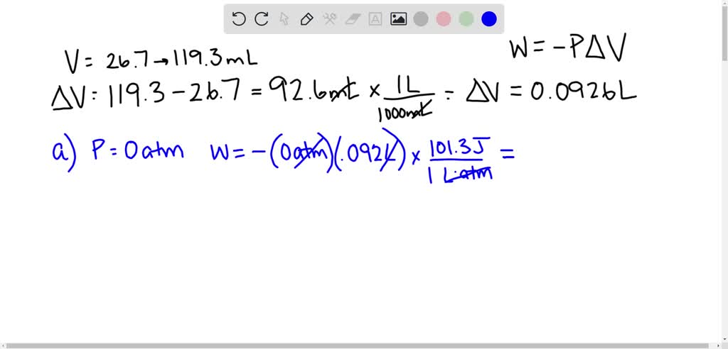 SOLVED:A gas expands in volume from 26.7 to 119.3 mL at constant temperature. Calculate the work ...