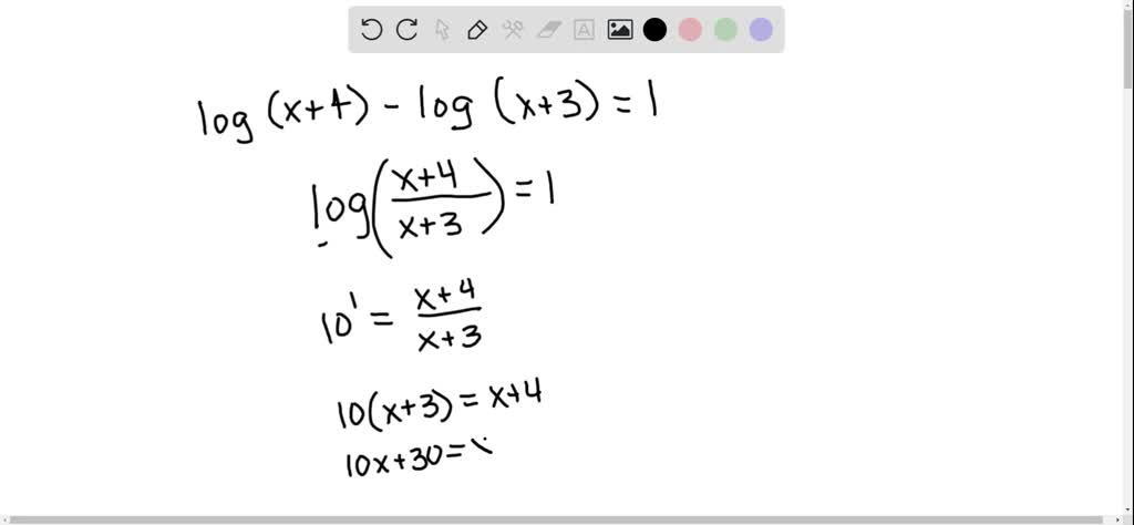 SOLVED:Solve each equation for the variable. log(x+4)-log(x+3)=1