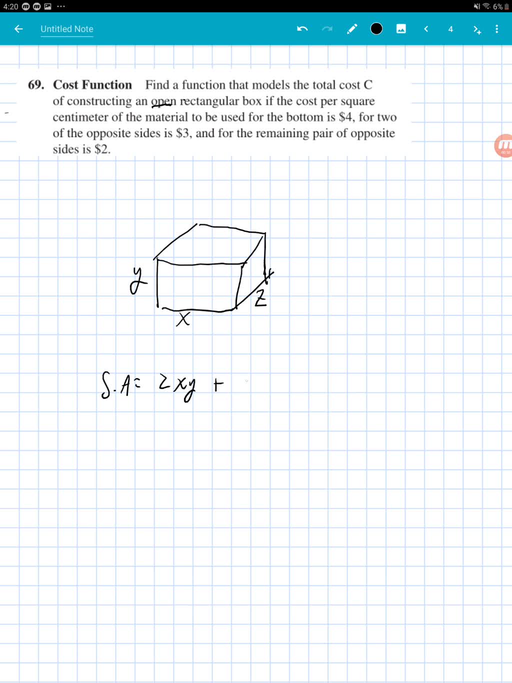 SOLVED:Find a function that models the total cost C of constructing an open rectangular box if ...