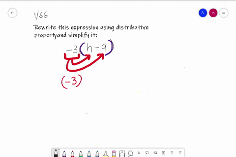 SOLVED:Rewrite each expression using the distributive property. Simplify if possible. -3(h-9)
