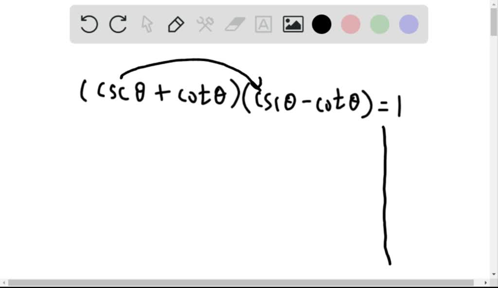 SOLVED:Establish each identity. (\csc \theta+\cot \theta)(\csc \theta-\cot \theta)=1