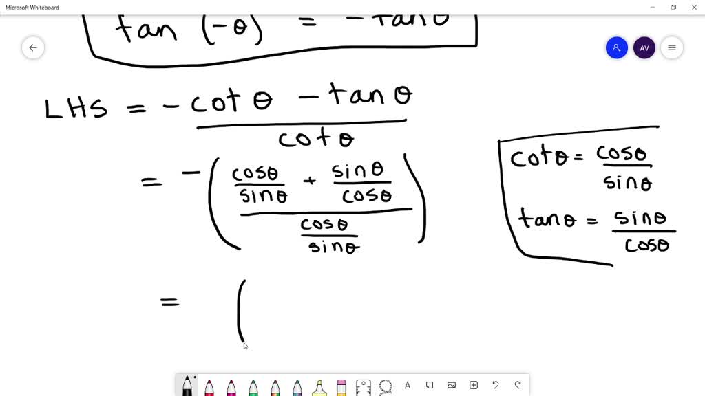 SOLVED:Verify the identity. (cot(-θ)+tan(-θ))/(cott)=-sec^2 t