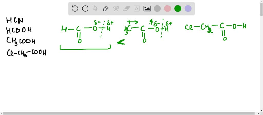 SOLVED:Consider of following acids: 1. HCN 4. HCOOH 3. CH3 COOH 5. Cl ...