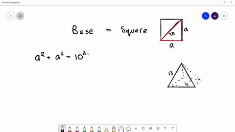 SOLVED:A pyramid has a square base with a diagonal of 10. Each lateral ...
