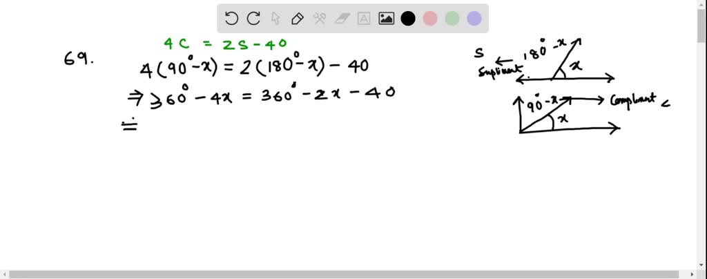 SOLVED:Write an equation and solve. Four times the complement of an angle is 40^∘ less than ...