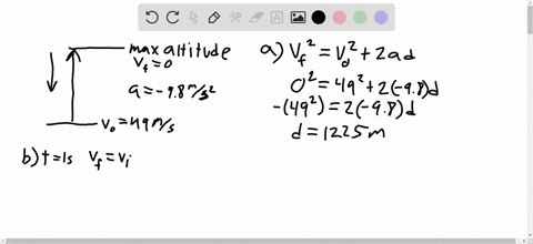 A model rocket leaves the ground, heading straight up at 49 m / s. (a ...