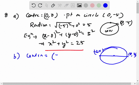 SOLVED:Determine the equation of each circle. a. The center is the origin, and the circle passes ...