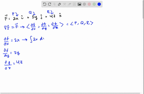SOLVED:Find a potential function f for the field 𝐅. 𝐅=2 x 𝐢+3 y 𝐣+4 z 𝐤