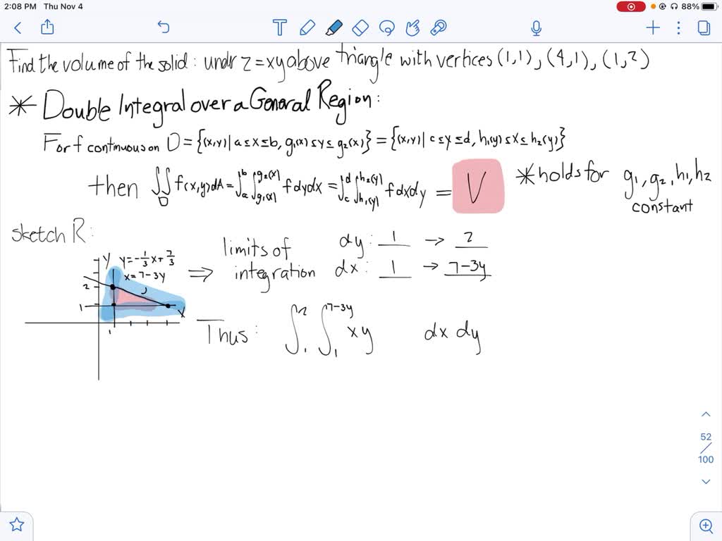 SOLVED:Find the volume of the given solid. Under the surface z=x y and above the triangle with ...