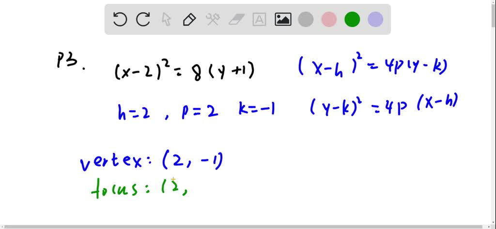 For each parabola, give the vertex, focus, directrix, axis of symmetry ...