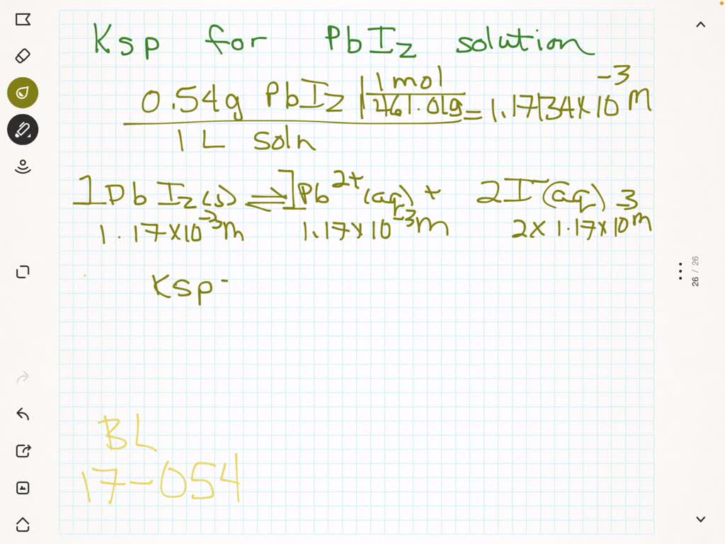 SOLVED:A 1.00-L solution saturated at 25^∘ C with lead(II) iodide contains 0.54 g of PbI2 ...