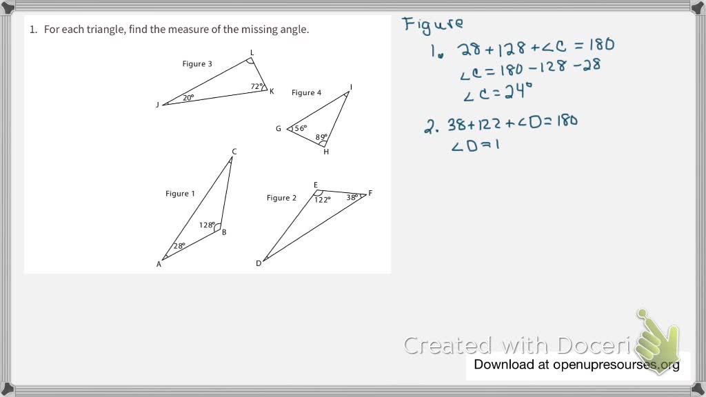 SOLVED:For each triangle, find the measure of the missing angle.