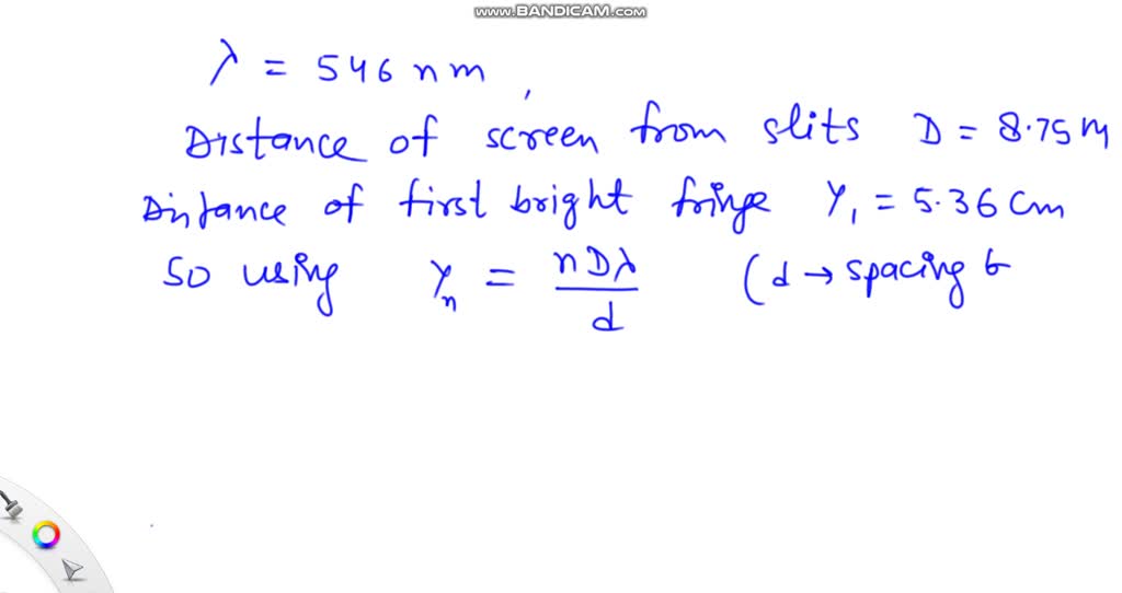 A double-slit experiment with d=0.025 mm and L=74 cm uses 550-nm light ...
