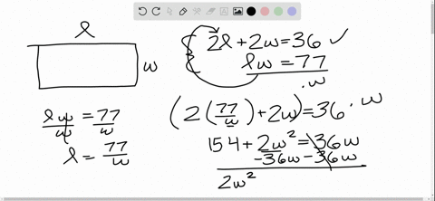 SOLVED:Find the length and width of a rectangle whose perimeter is 36 feet and whose area is 77 ...