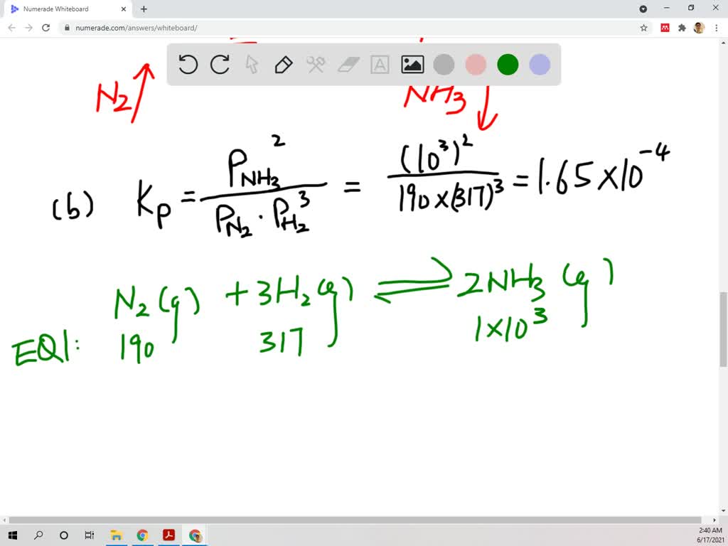 In a 3.0-L vessel, the following equilibrium partial pressures are measured: N2, 190 torr; H2 ...