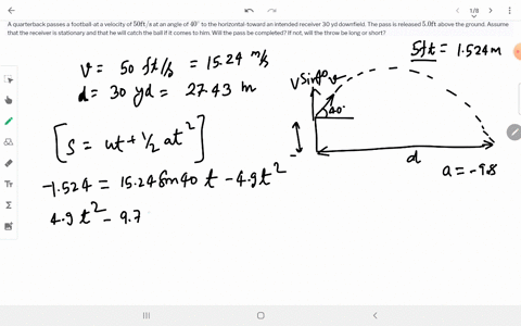 SOLVED:A quarterback passes a football-at a velocity of 50 ft / s at an ...