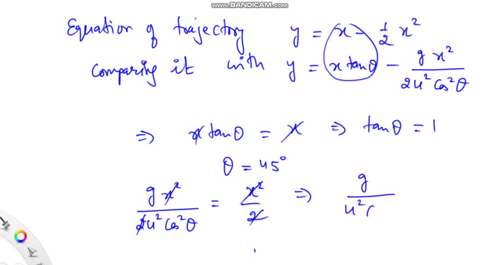 The equation of trajectory of an oblique projectile is y=x-(1)/(2) x^2 ...